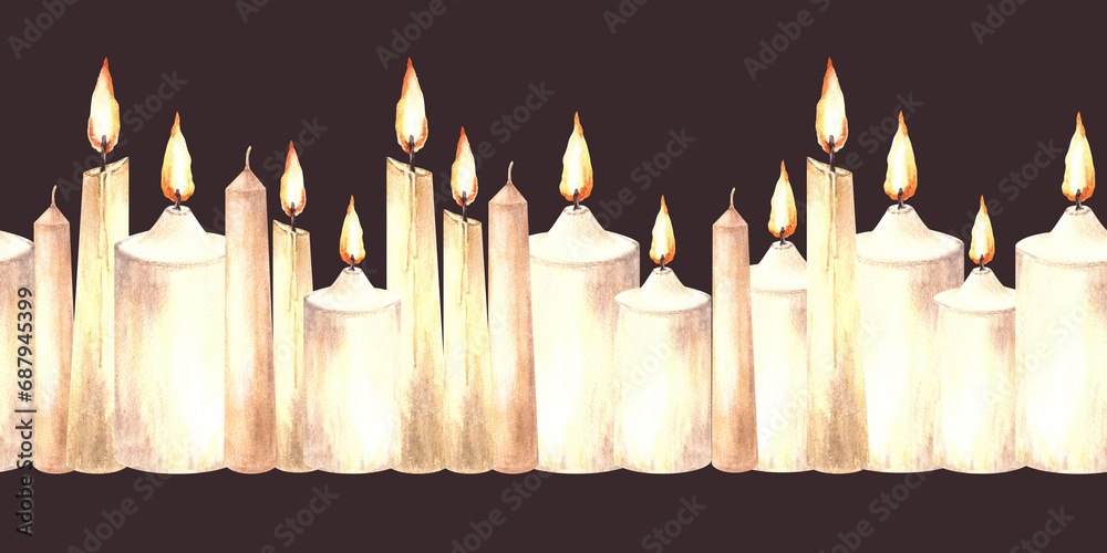 Watercolor seamless border, pattern of burning white beige wax candles ...