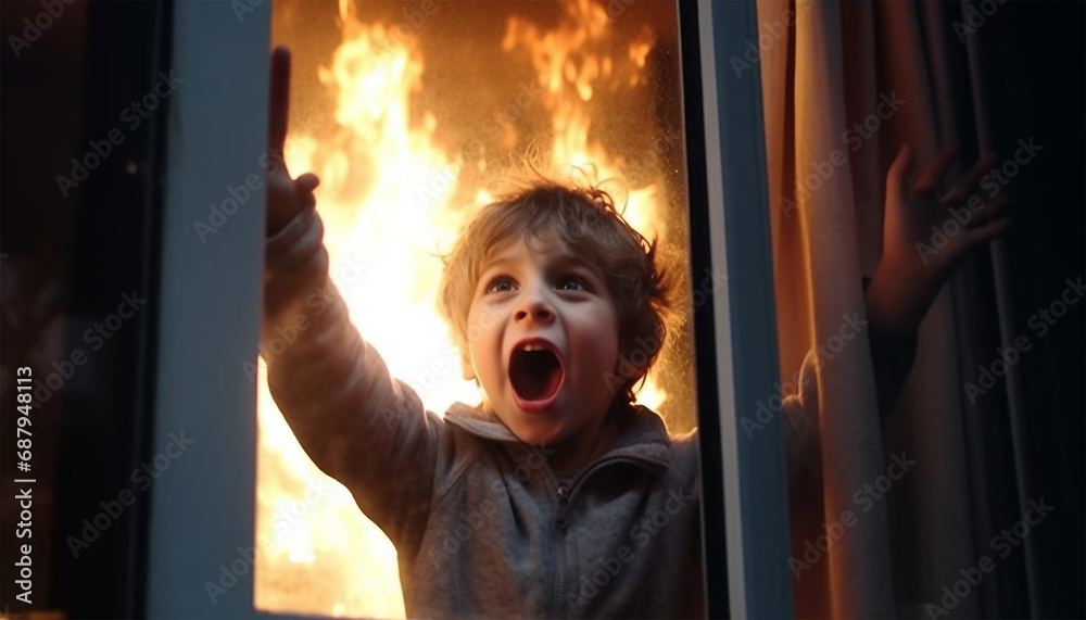 Boy trapped in a house with fire crying and screaming for help by the ...