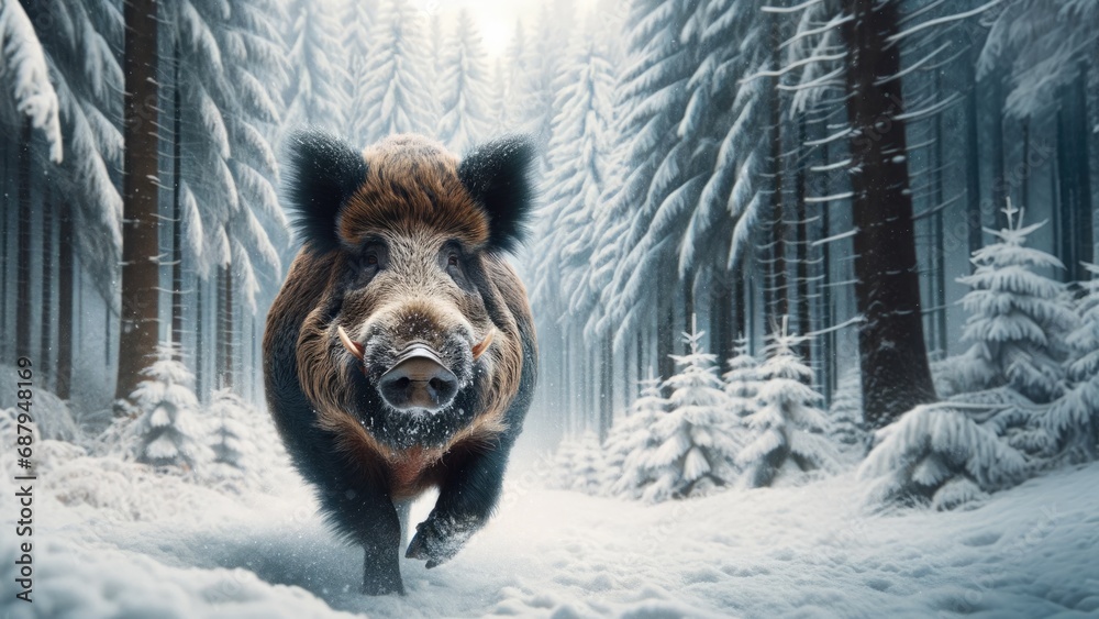 A wild boar with a thick winter coat in a snowy forest. The boar's ...