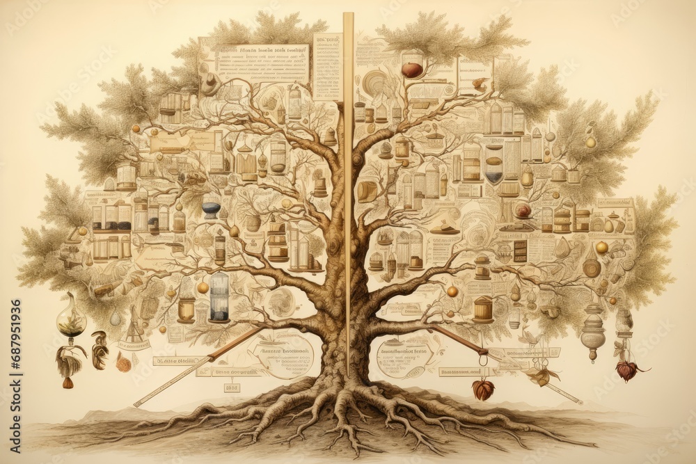 Tree of knowledge with branches bearing symbols representing various ...