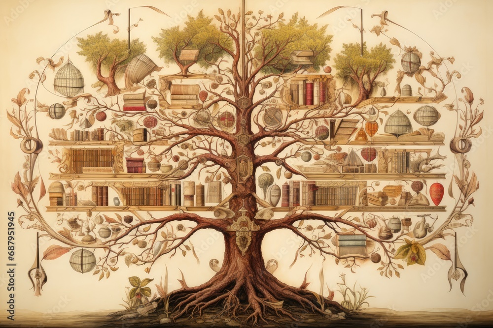 Tree of knowledge with branches bearing symbols representing various ... Tree of knowledge with branches bearing symbols representing various ...