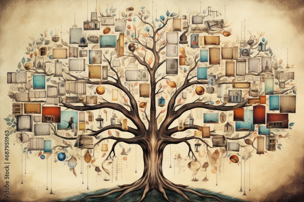 Tree of knowledge with branches bearing symbols representing various ...