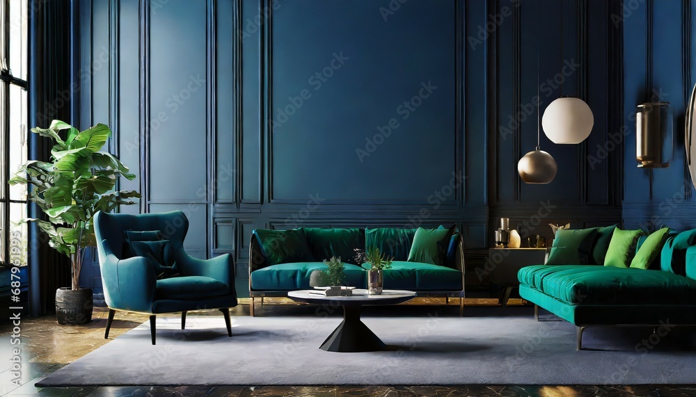living room in deep dark colors accent trendy blue interior in a ...