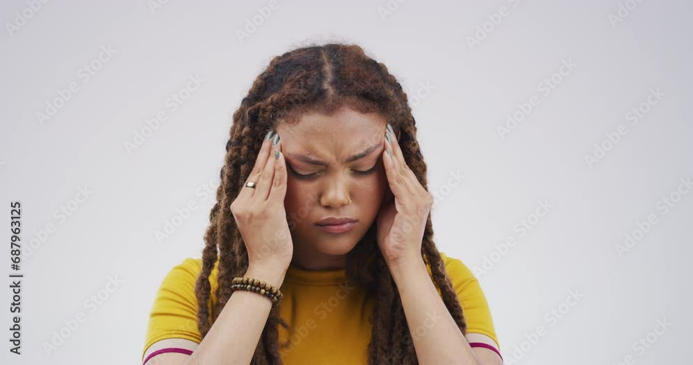 Headache, studio face and sad woman stress over mental health crisis ...