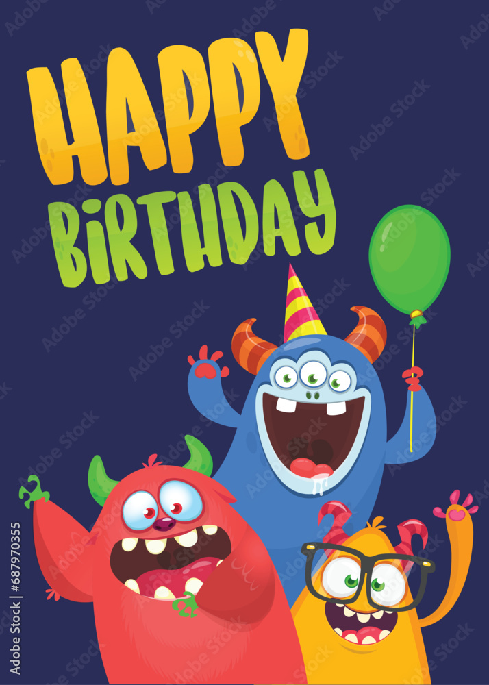 Cartoon happy monsters set with different face expressions. Birthday ...