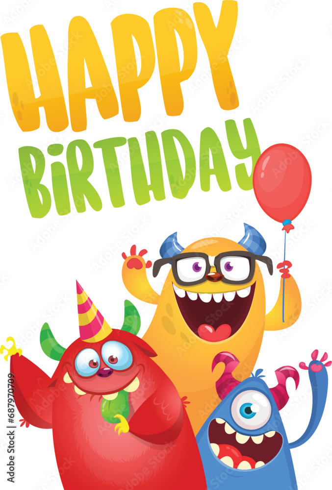 Cartoon happy monsters set with different face expressions. Birthday ...