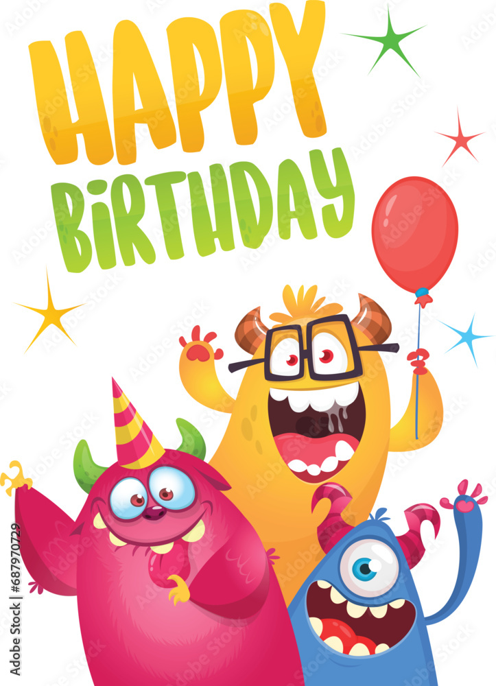 Cartoon happy monsters set with different face expressions. Birthday ...