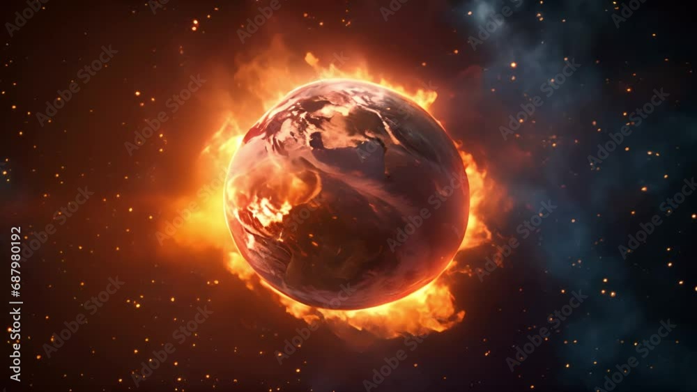 Earth on fire. Planet earth with fire flames in space . Burning War ...
