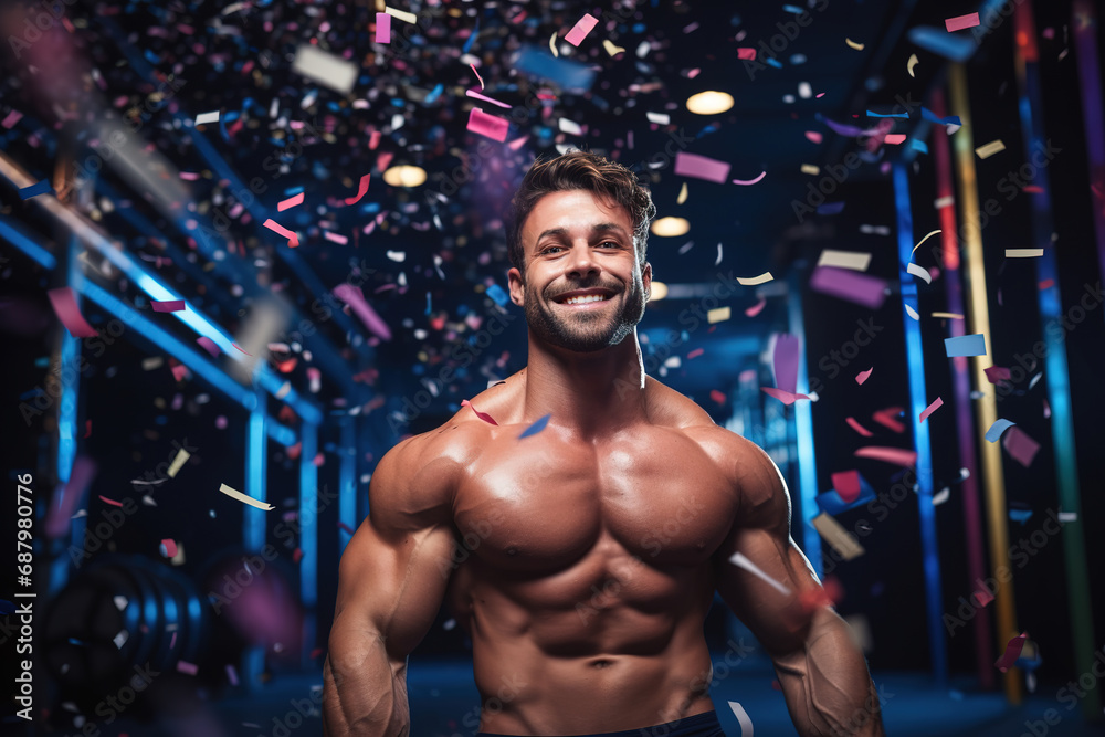 Brutal strong bodybuilder man fitness male model posing over dark ...