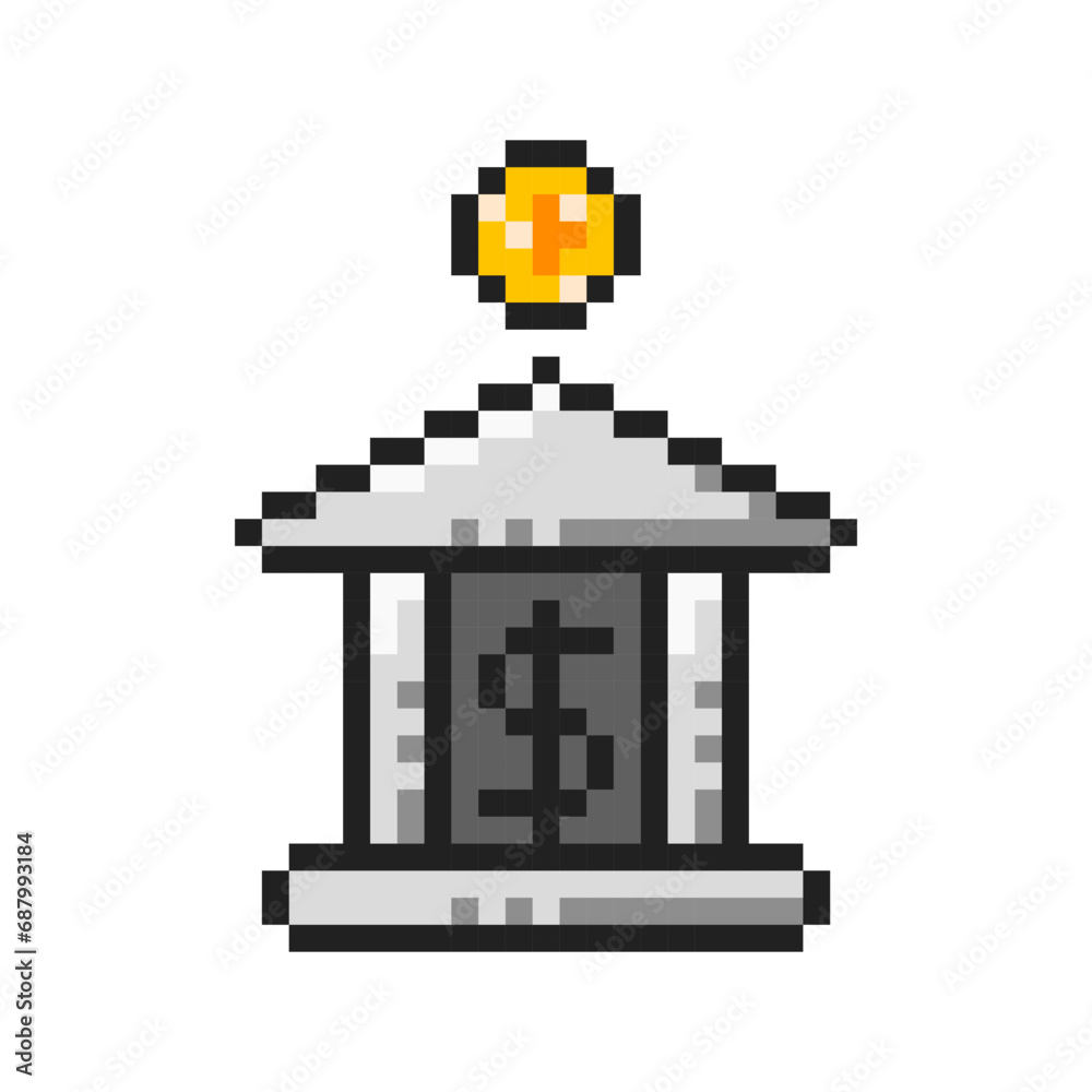 Bank pixel art icon, 8-bit sprite, banking building. Isolated vector ...