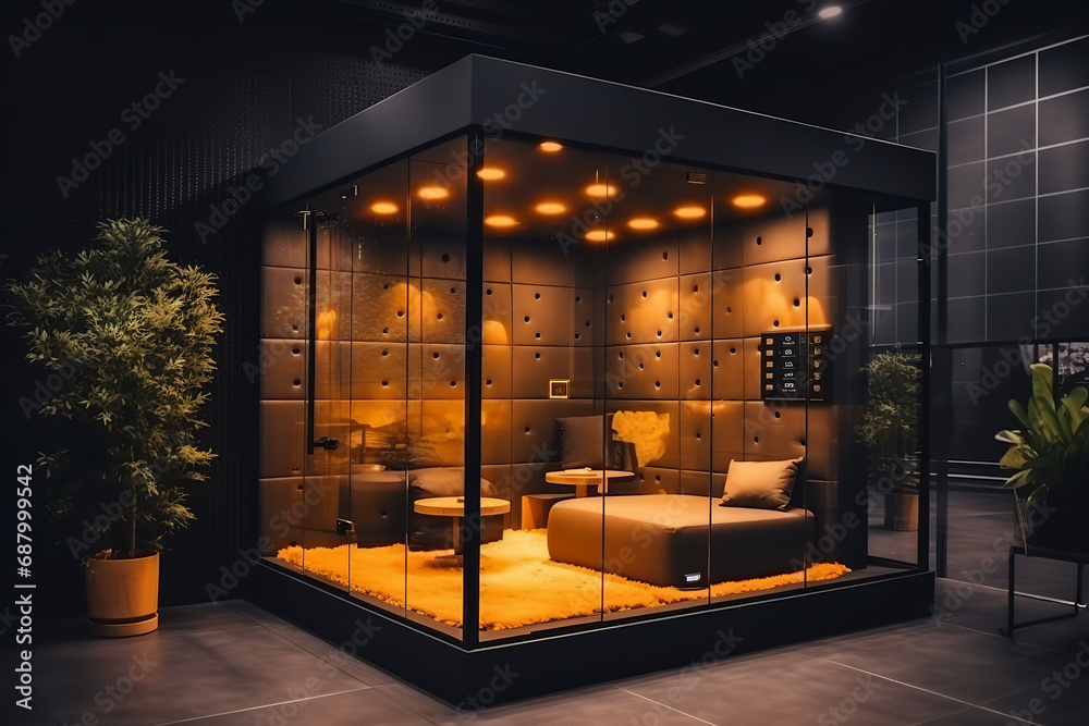 An infrared sauna lounge located within a co-working space, serving as ...