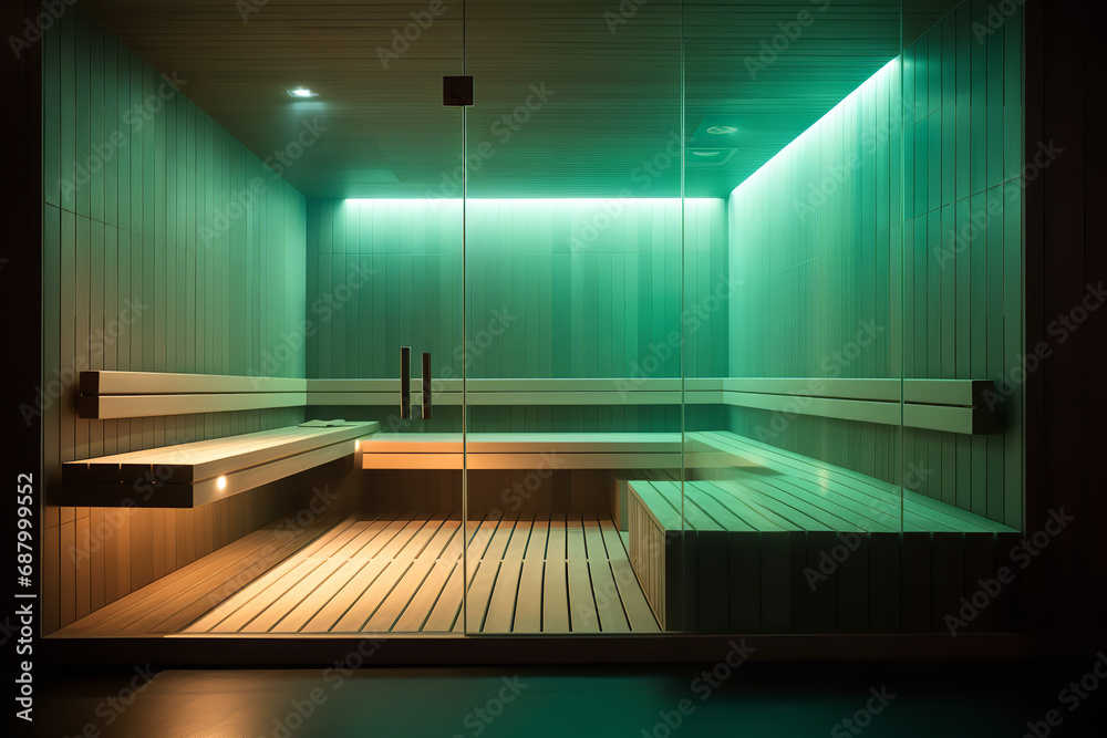 A modern infrared sauna room within a wellness center, showcasing a ...