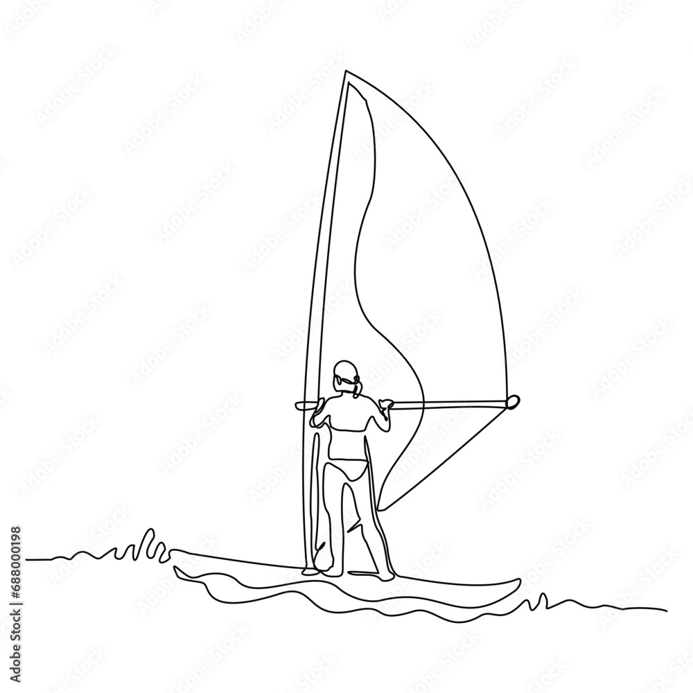 Continuous single line sketch drawing of professional windsurfing ...