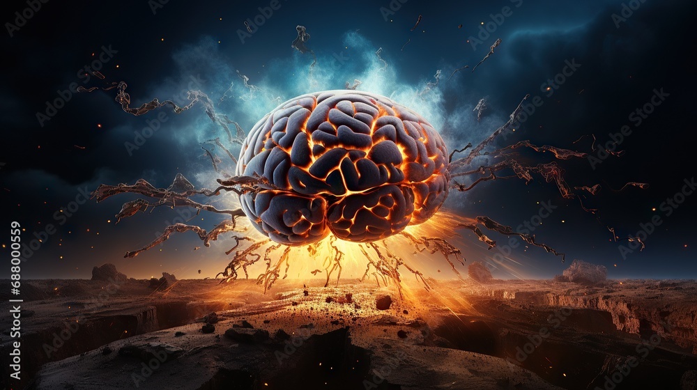 Alone brain, red-hot from tension, with fire and flame inside, human ...