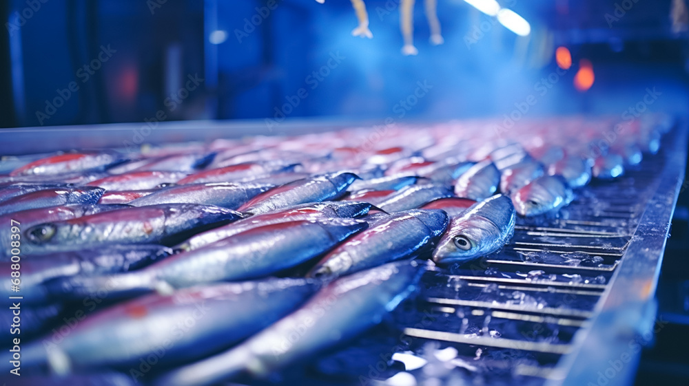 Production of canned fish. Modern food industry. Fish processing plant ...