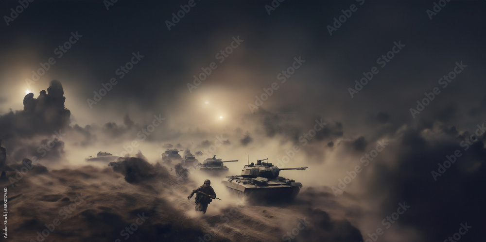 War. Soldiers in battle in a foggy field covered in dust and smoke ...