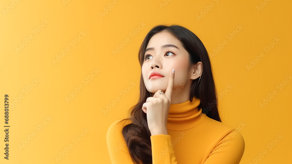 Portrait Of Cute Interested Asian Lady Touching Her Chin Looking Mockup 1991