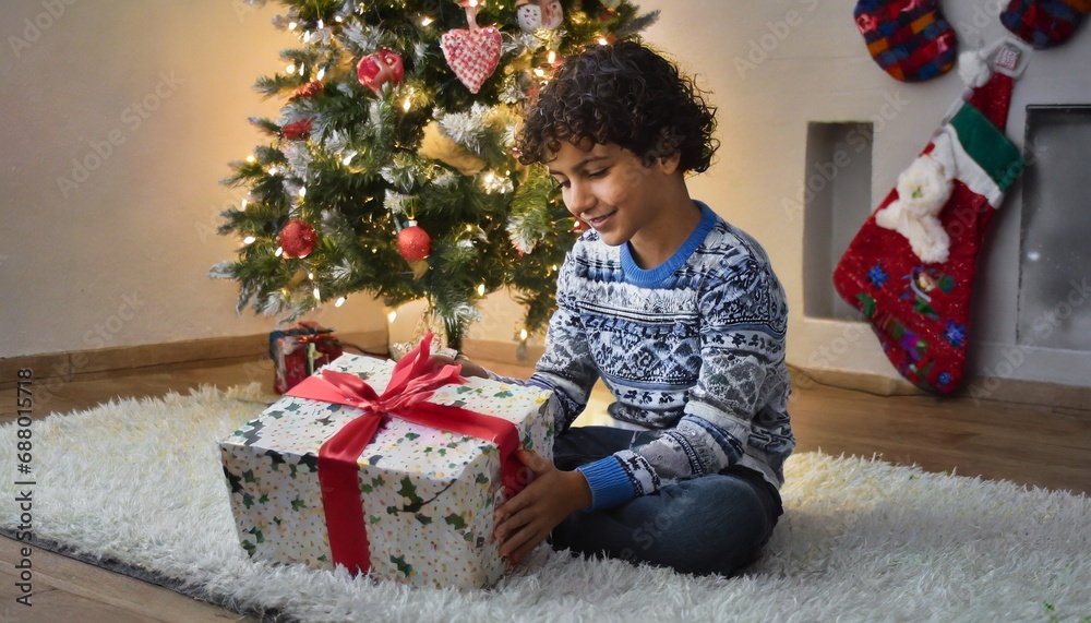 Un niño abriendo un regalo frente a un árbol de Navidad, expresando ...