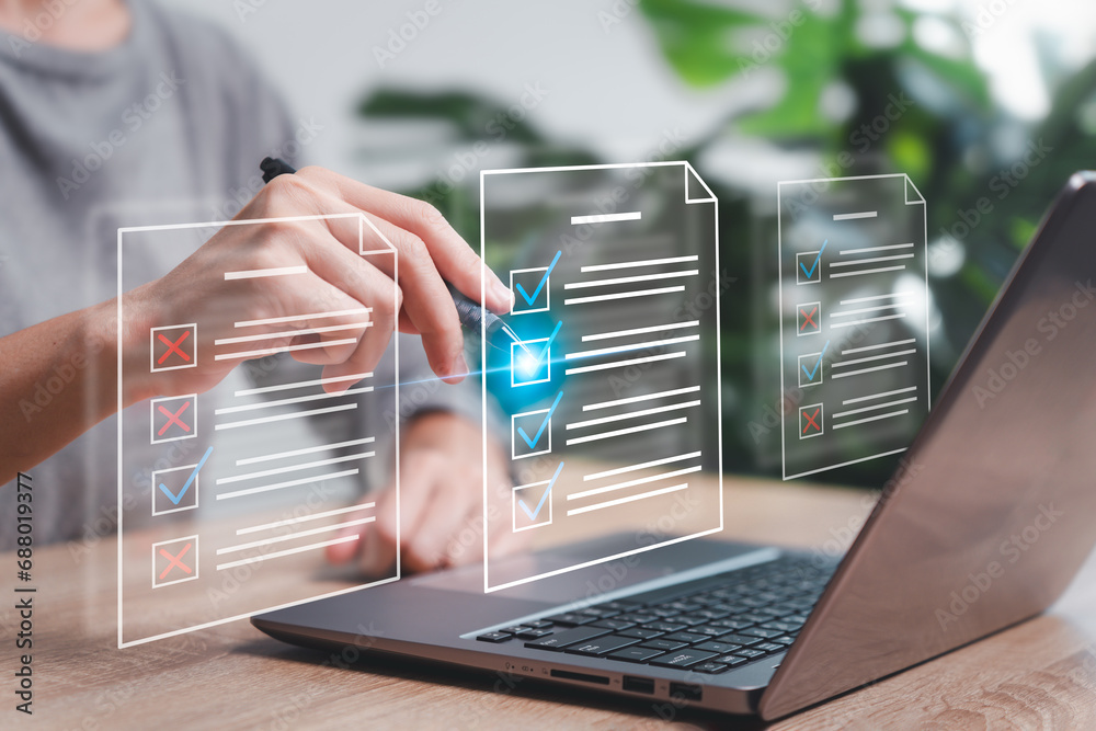 Document management, E-checklist concept, Asian women check and mark on ...