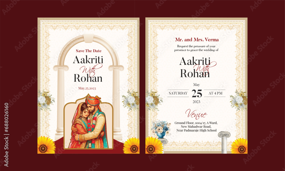 Traditional Royal Wedding Invitation card design with Bride and Groom ...