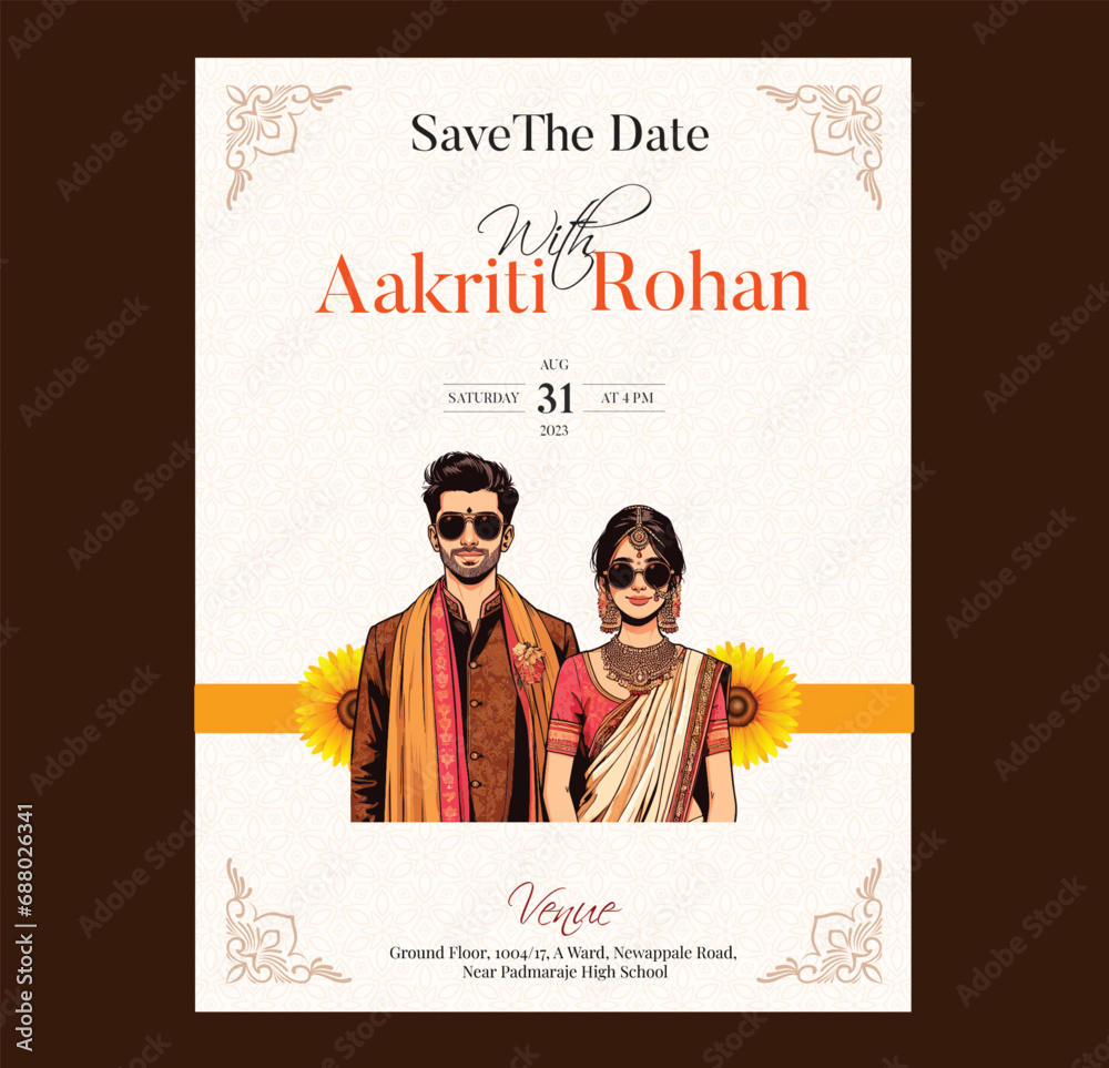 Traditional Royal Wedding Invitation card design with Bride and Groom ...