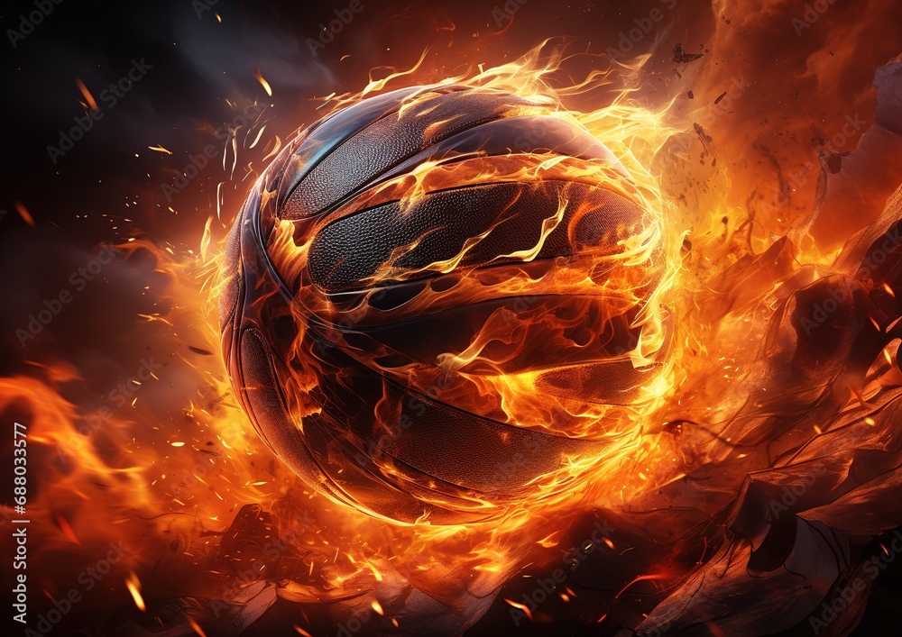 Fiery sports background: a basketball engulfed in flames - a dramatic ...