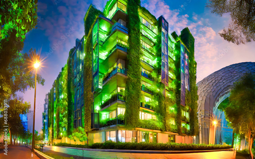 High-rise building covered in plants to reduce the temperature Stock ...