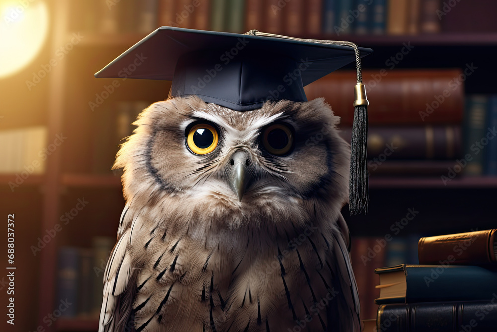 owl in glasses wearing graduation cap sitting on bookshelves Stock ...