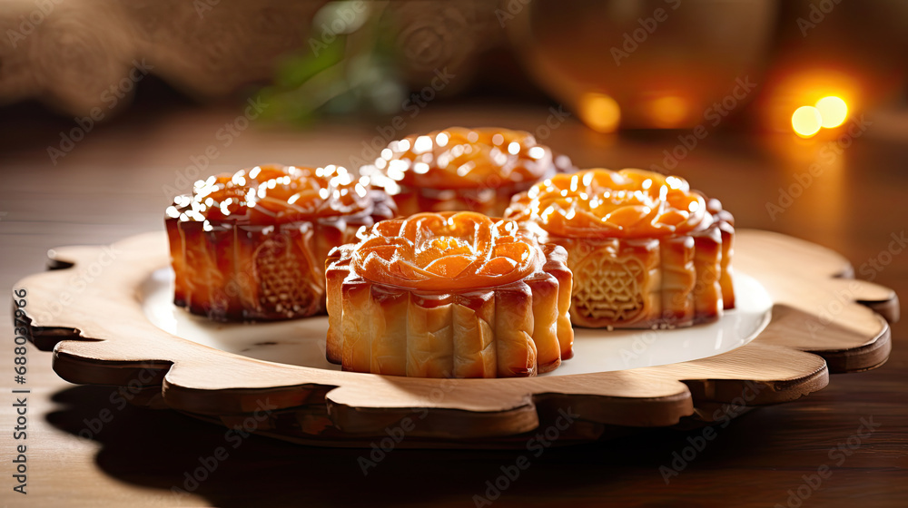 Beautiful Chinese palace cakes mooncakes on wooden table with ancient ...