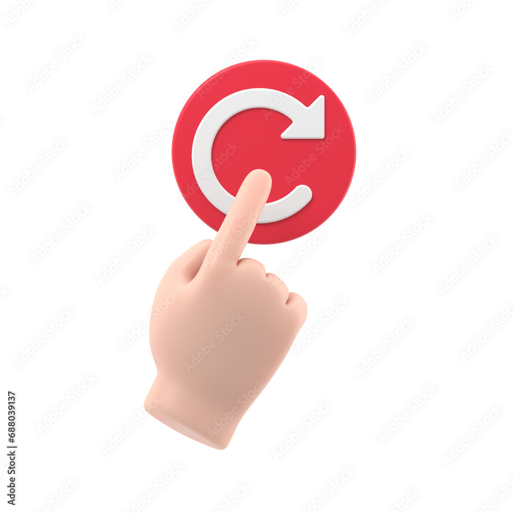 Reboot concept. Restarting technology. Hand to push big red button. 3d ...