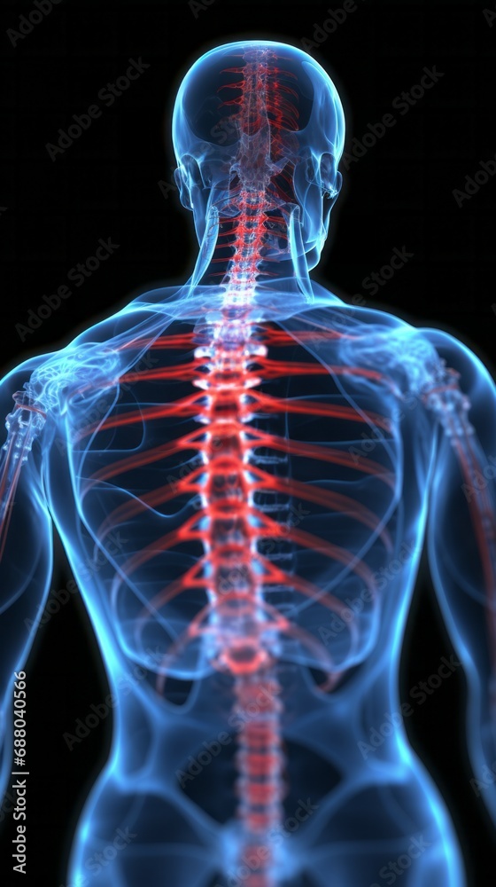 Digital blue human rubbing highlighted back pain on teal background, X ...