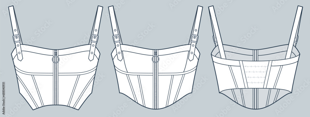 Set of Zipped Top technical fashion Illustration. Corset Top fashion ...