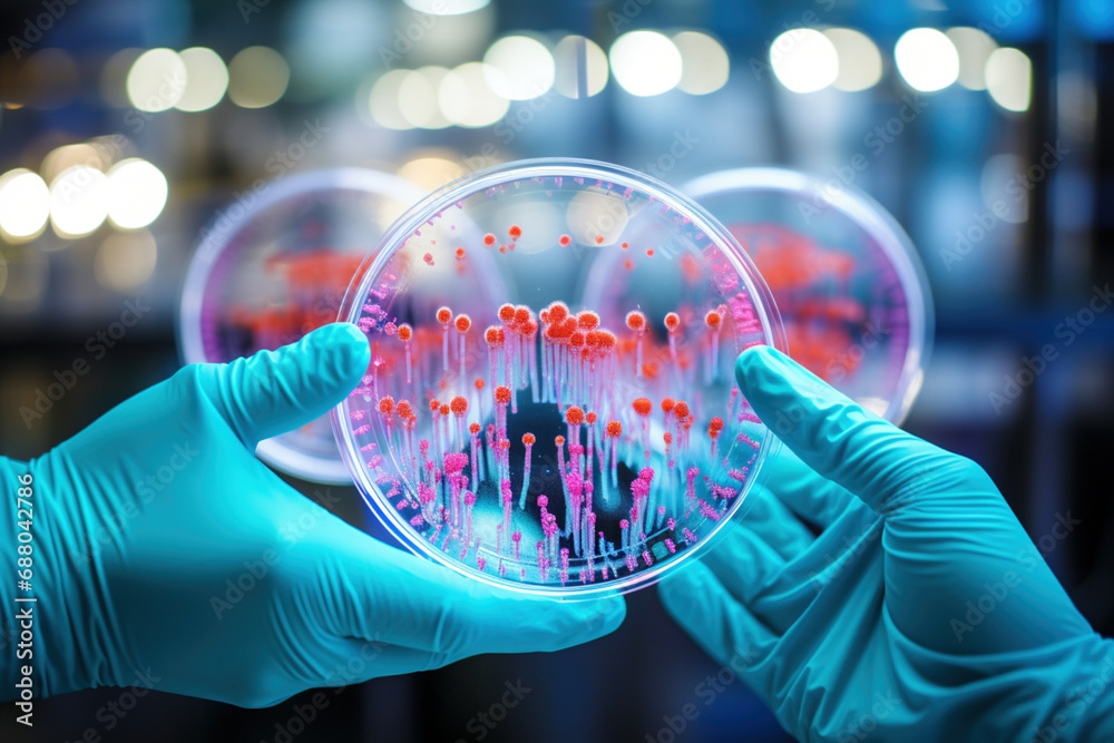 Petri dish with bacteria on hands of medical scientist researcher in ...