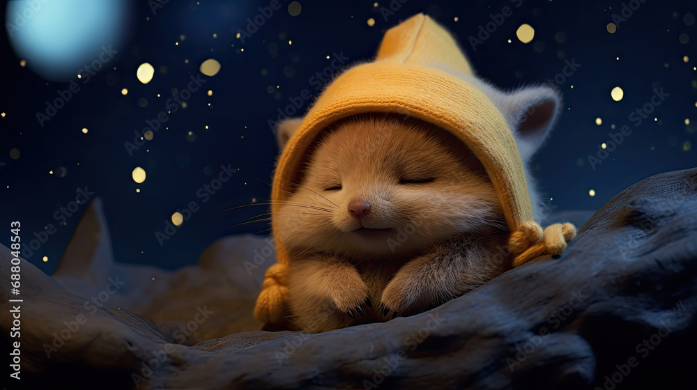 Little baby pika in hat sleeping soundly at night with crescent moon ...