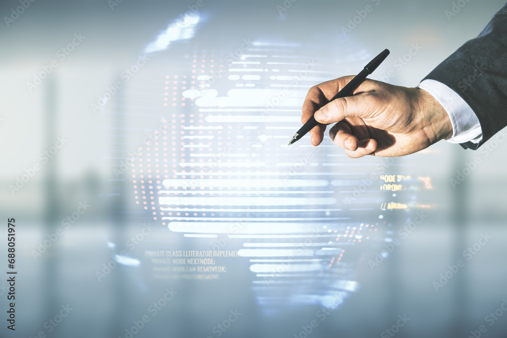 Multi exposure of programmer's hand with pen working with abstract ...