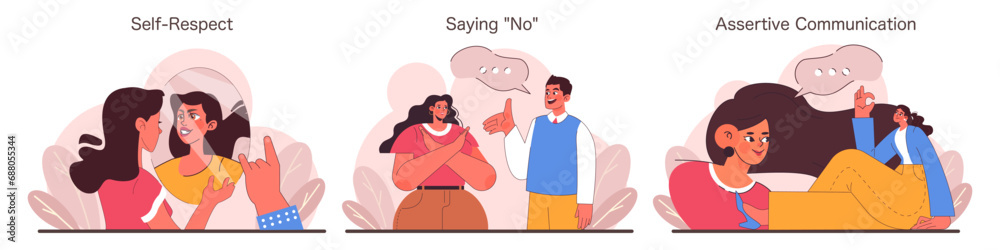 Assertiveness set. A triptych of self-empowerment through self respect ...