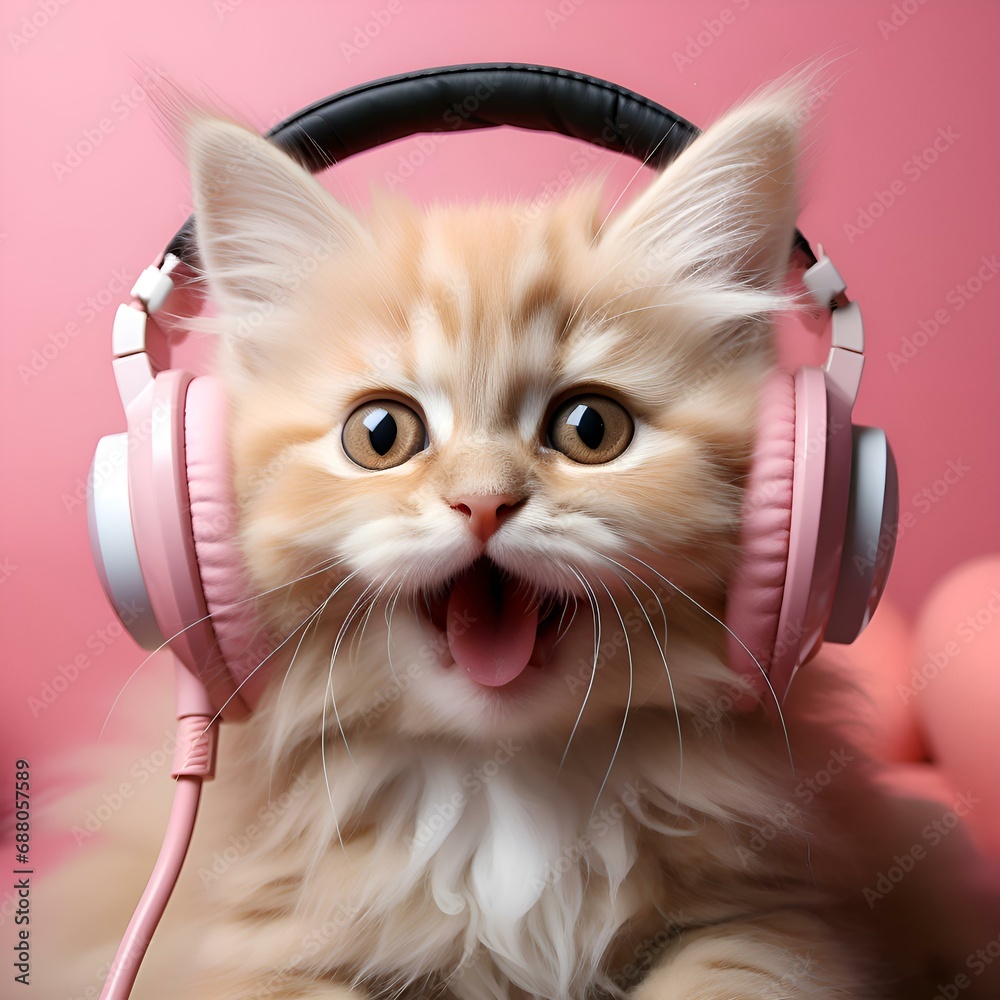 Cute and happy little cat, kitten in headphones looks into the frame on ...