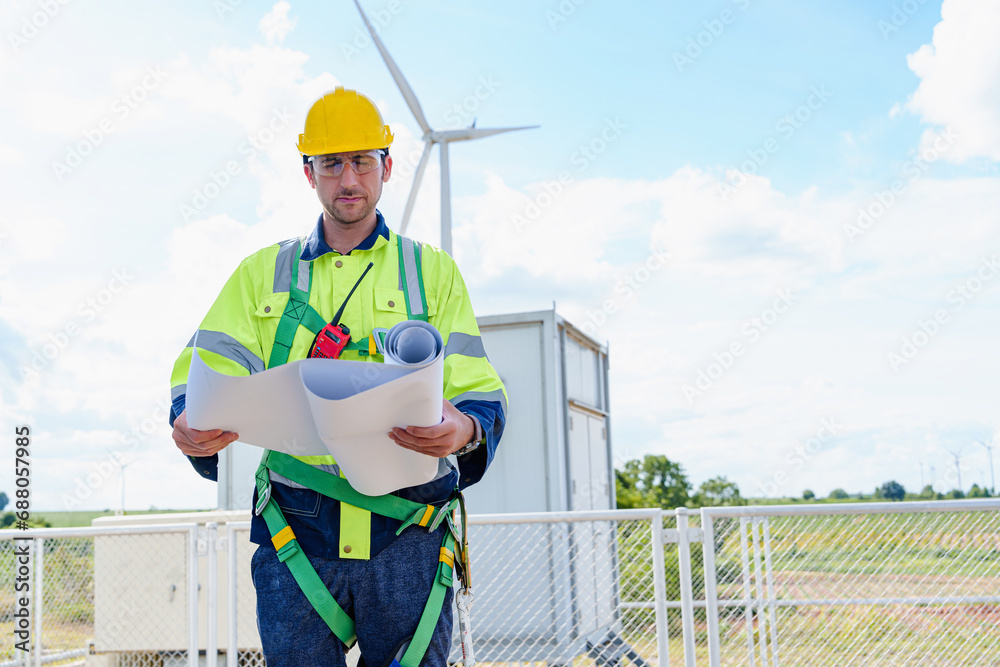 Technician engineer worker builders looking for wind turbine blueprint ...