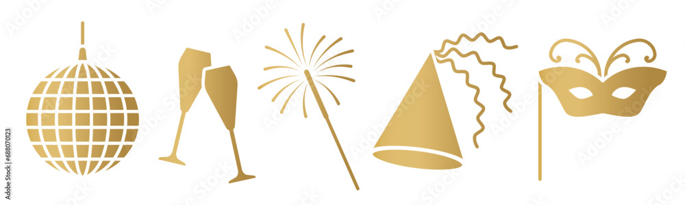 golden New Years Eve celebration elements: disco ball, champagne ...
