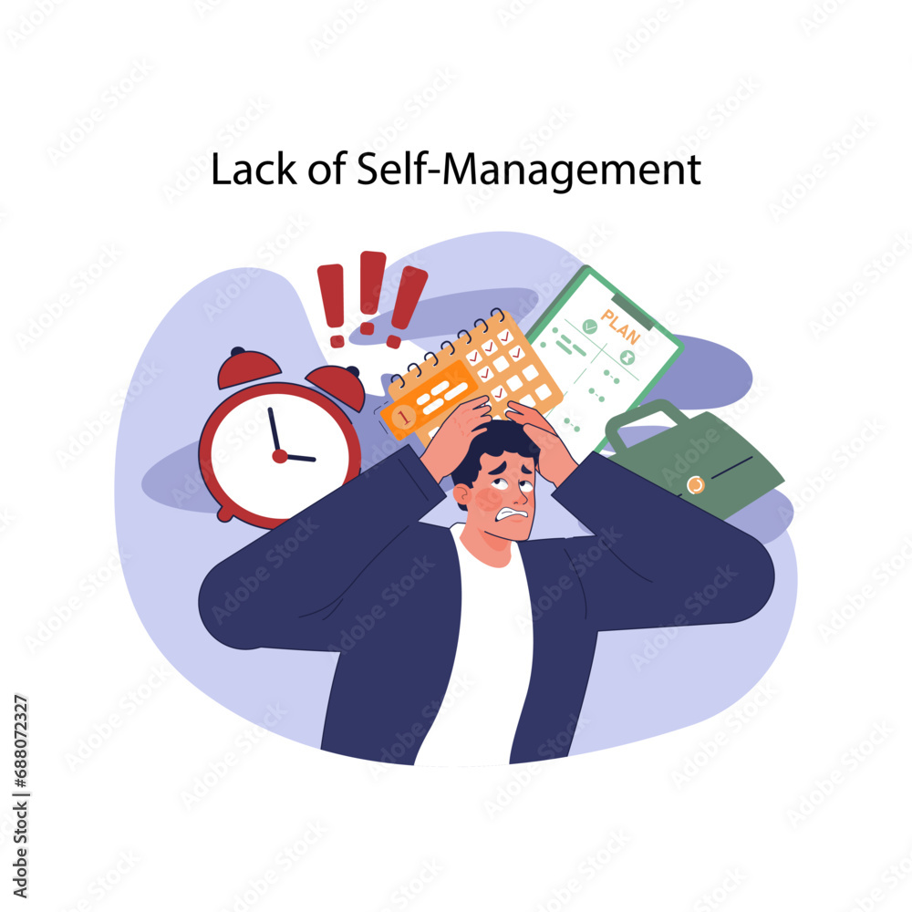 Lack of self-management concept. Overwhelmed man amidst chaos of alarm ...