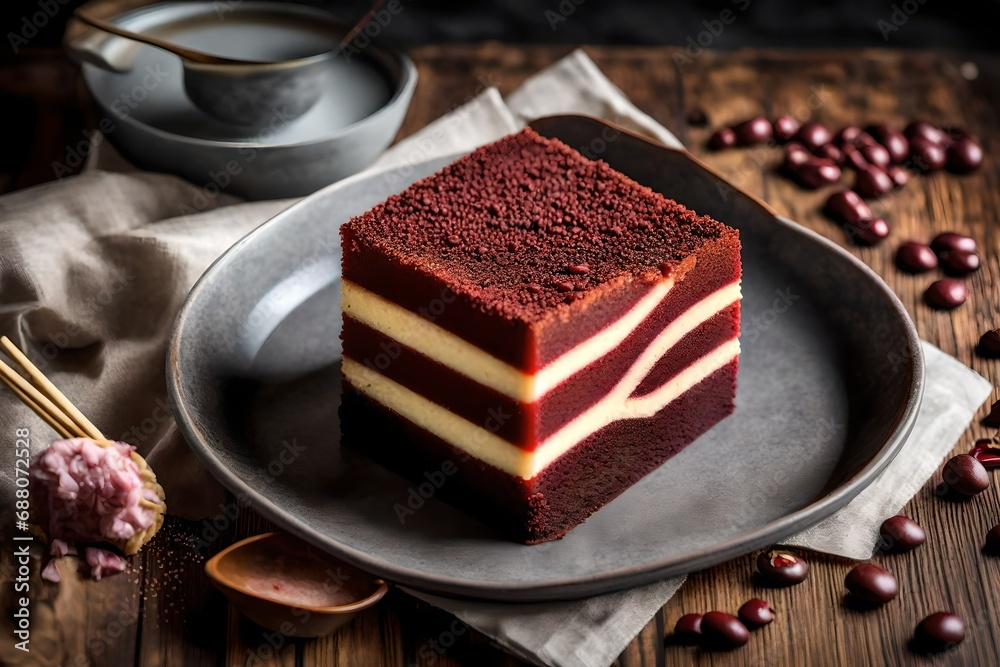 An exquisite shot of a Chinese Red Bean Cake, featuring smooth red bean ...