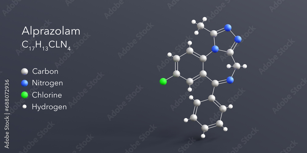 alprazolam molecule 3d rendering, flat molecular structure with ...