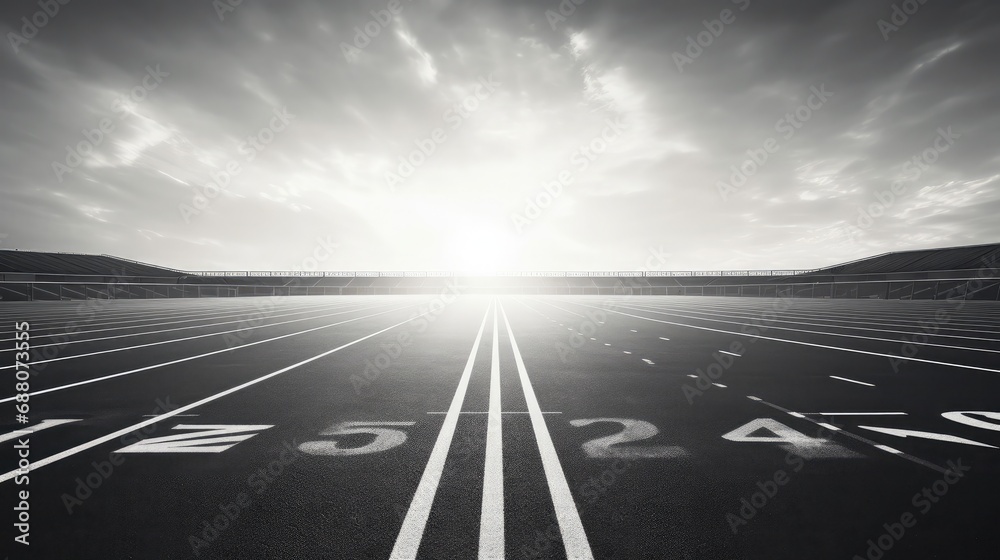 Photo realistic, low angle, scene of outdoor running track, starting ...