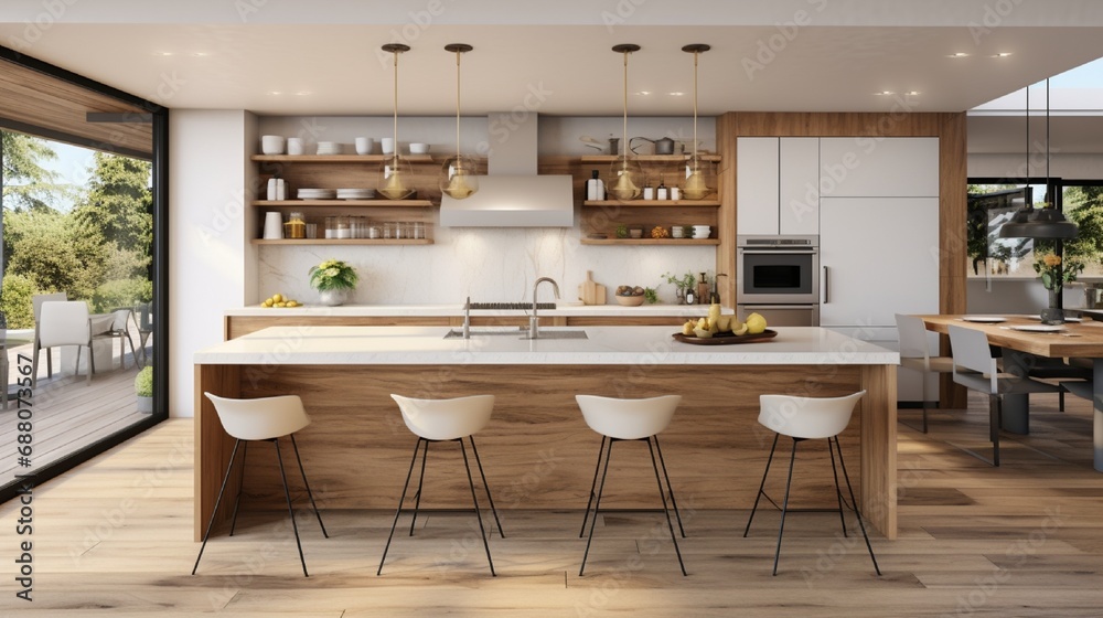 Design a kitchen with a minimalist color palette and pops of natural ...