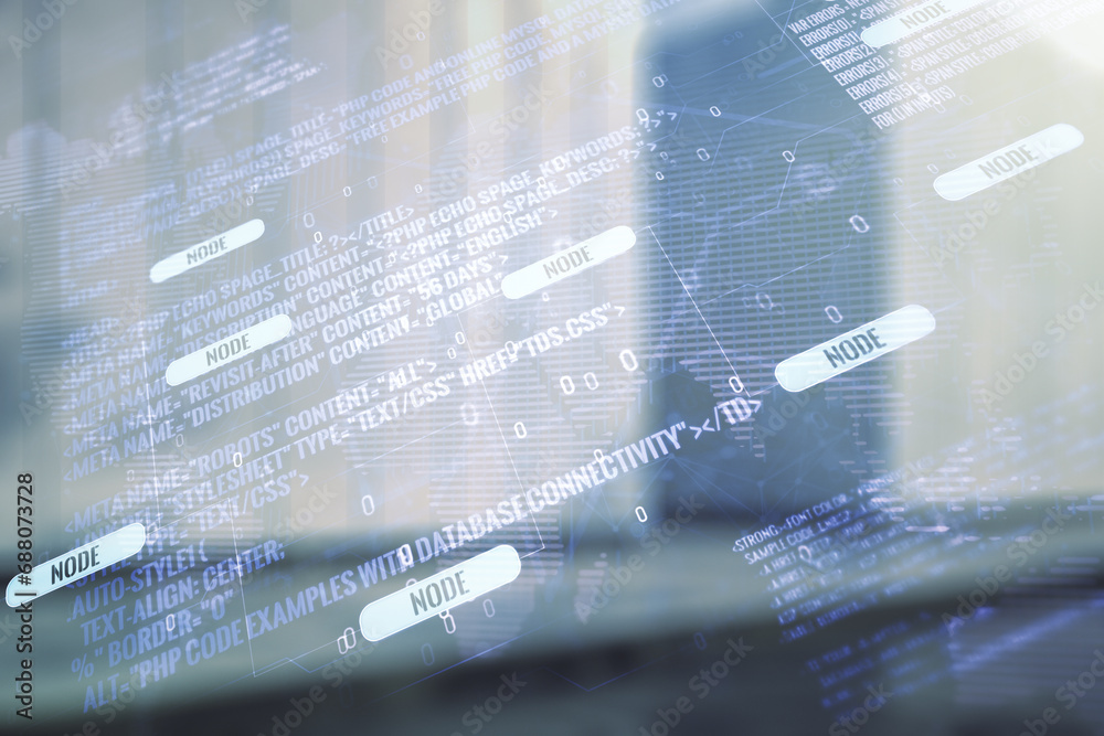 Multi exposure of abstract creative coding sketch and world map on ...