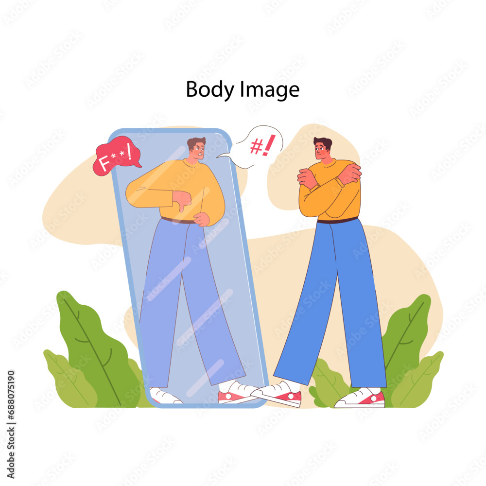 Body image struggles concept. Young man critically examines himself in ...