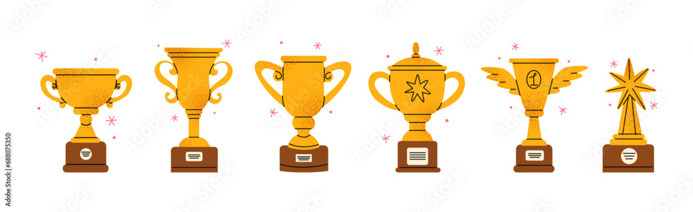 Cartoon gold cups prizes, winner award in retro 90s style. Vintage ...