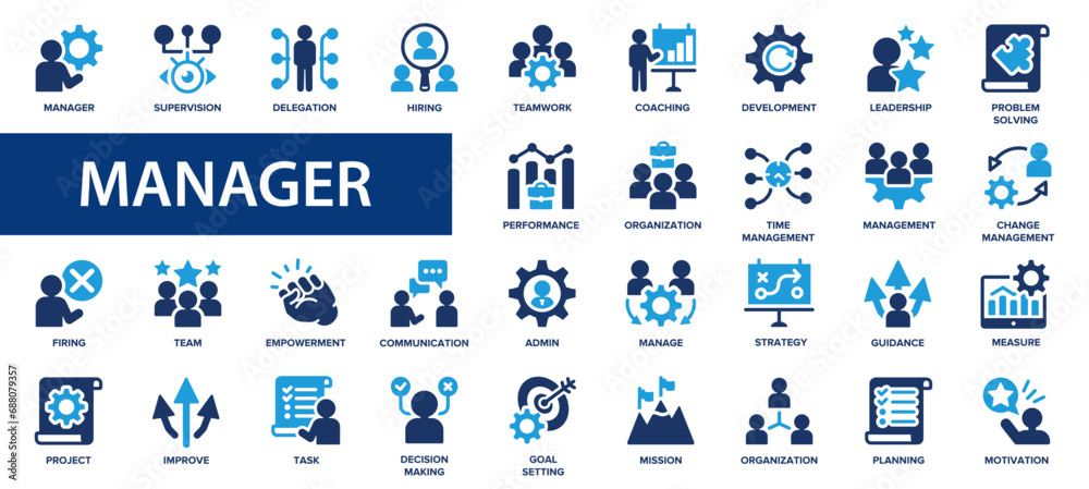 Vettoriale Stock Manager flat icons set. Values, strategy, leadership ...