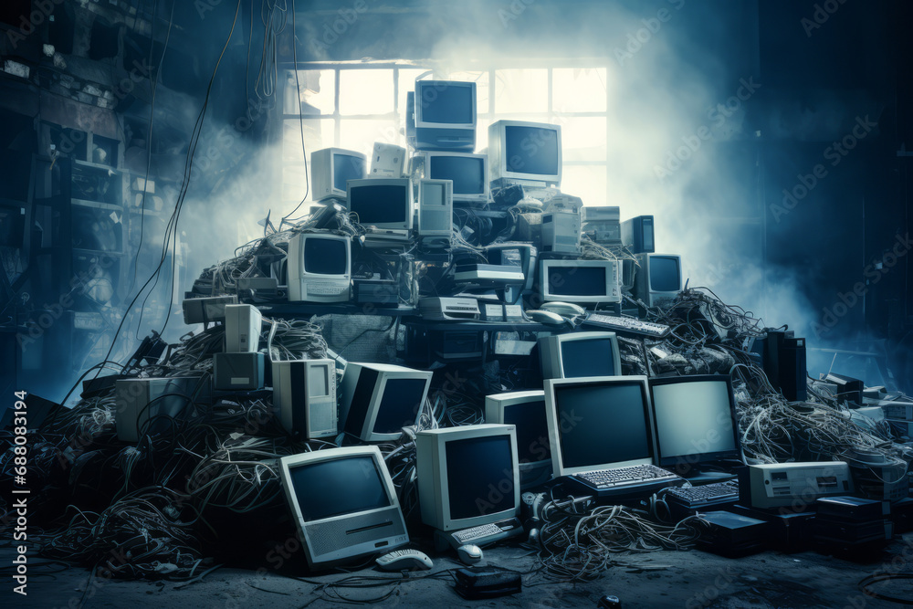 Huge pile of the electronic computer monitor screen display waste and ...