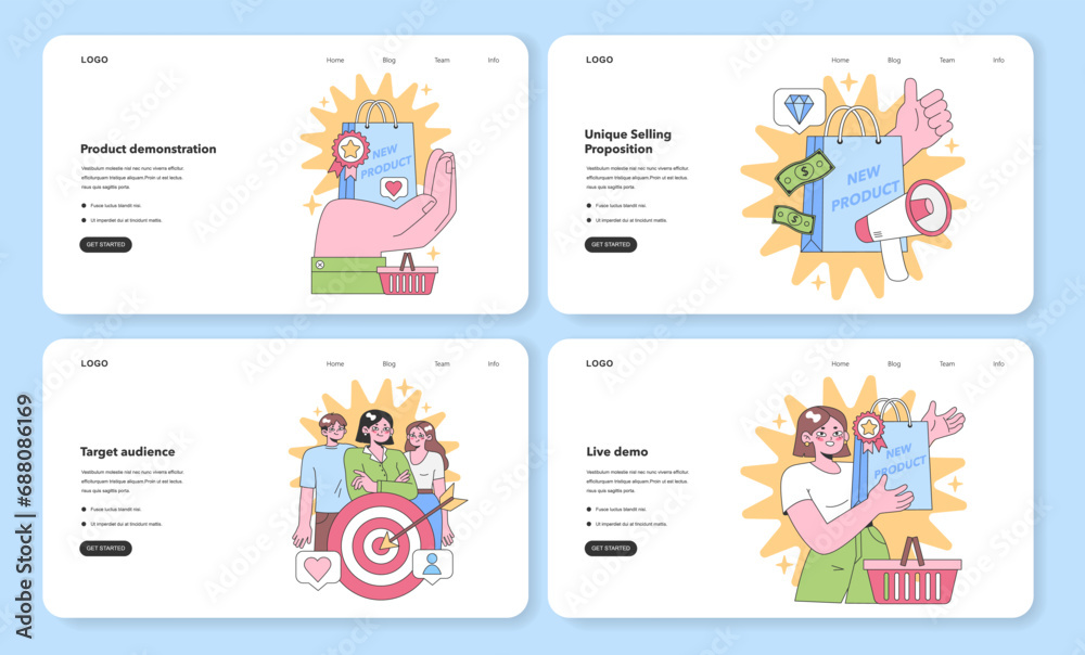 Product Launch Series set. Illustrates product demonstration, unique ...